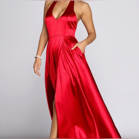 Windsor | Dresses | Red Satin Halter Formal Dress | Poshmark
